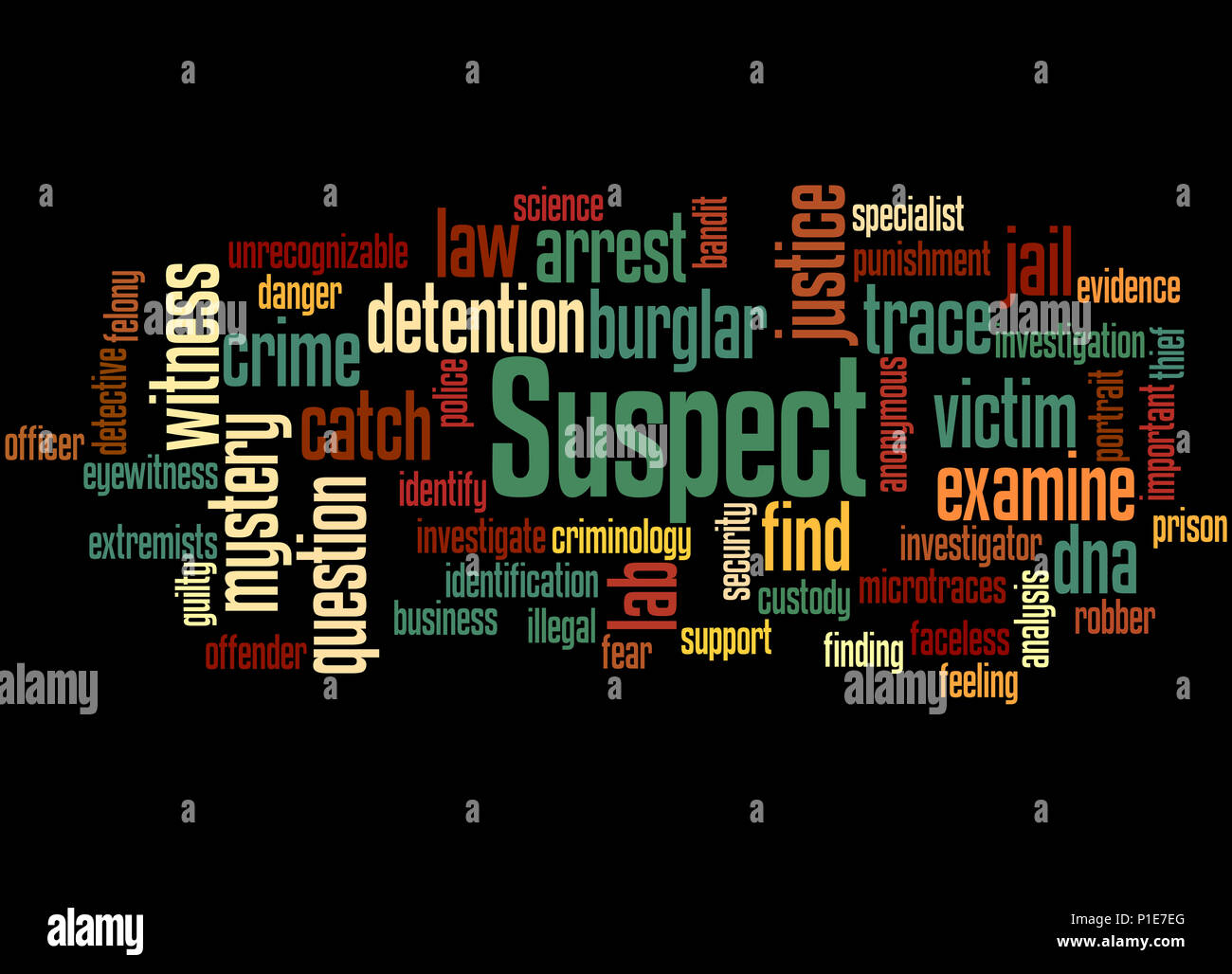 Suspect, word cloud concept on black background Stock Photo - Alamy