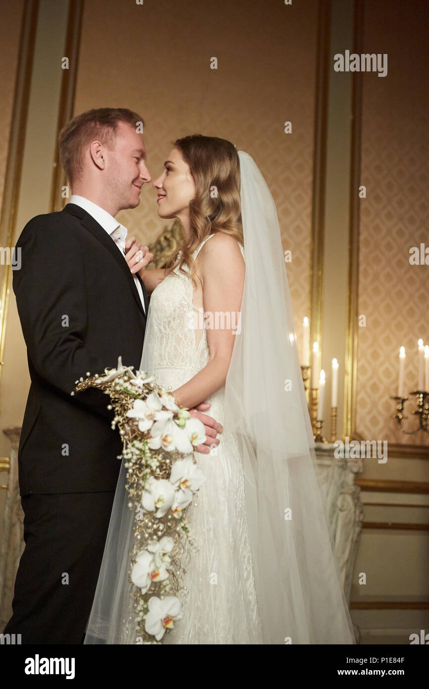 Couple Beauty Portrait, Well Dressed Handsome Man in Suit with Elegant ...