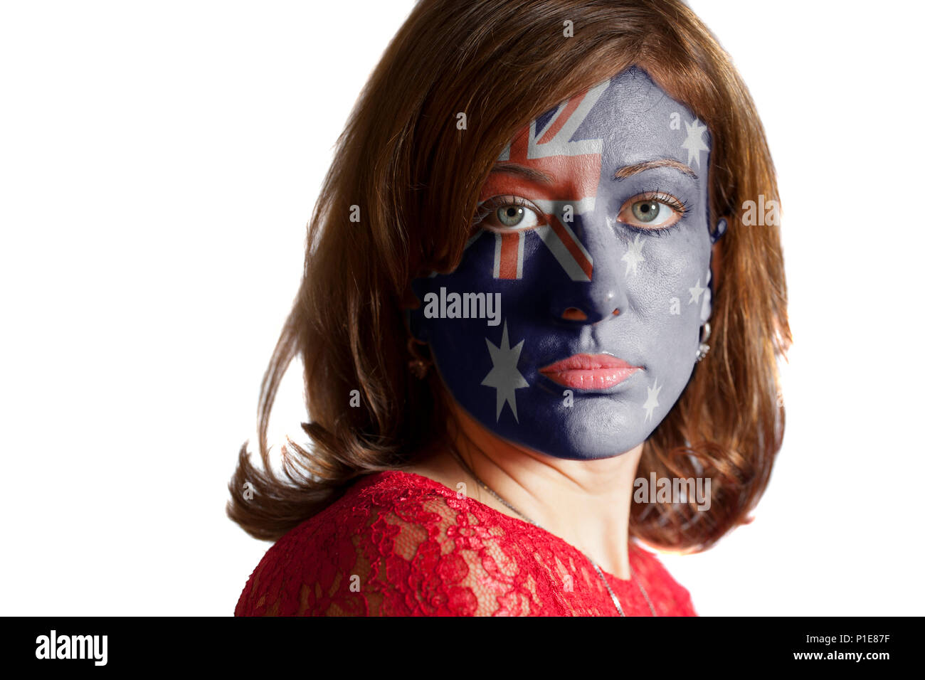 Woman face with painted Flag of Australia isolated on a white ...