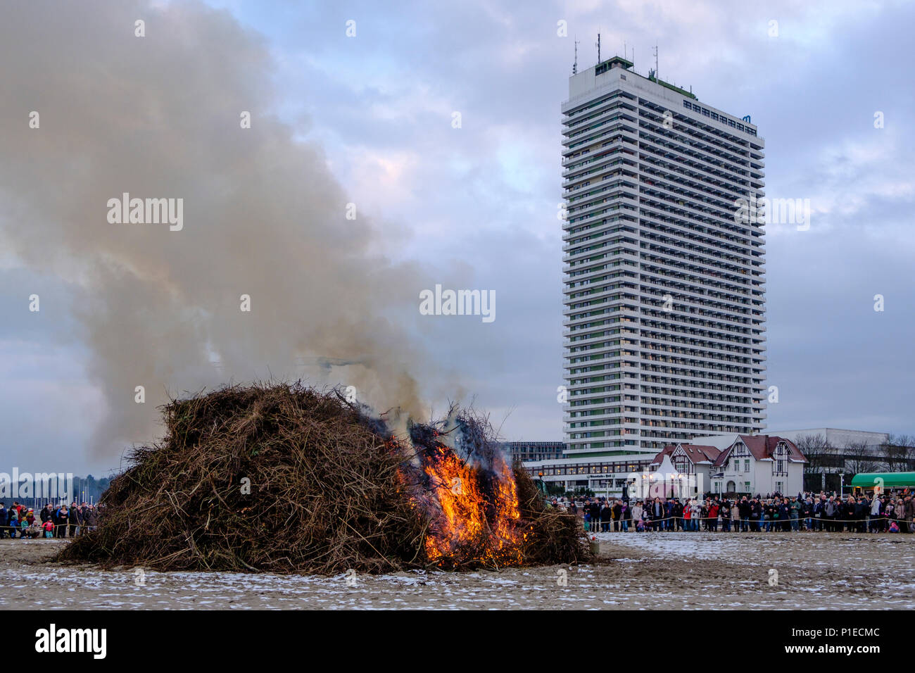Easter fire on the beach of Travemuende, Lubeck, Schleswig-Holstein ...