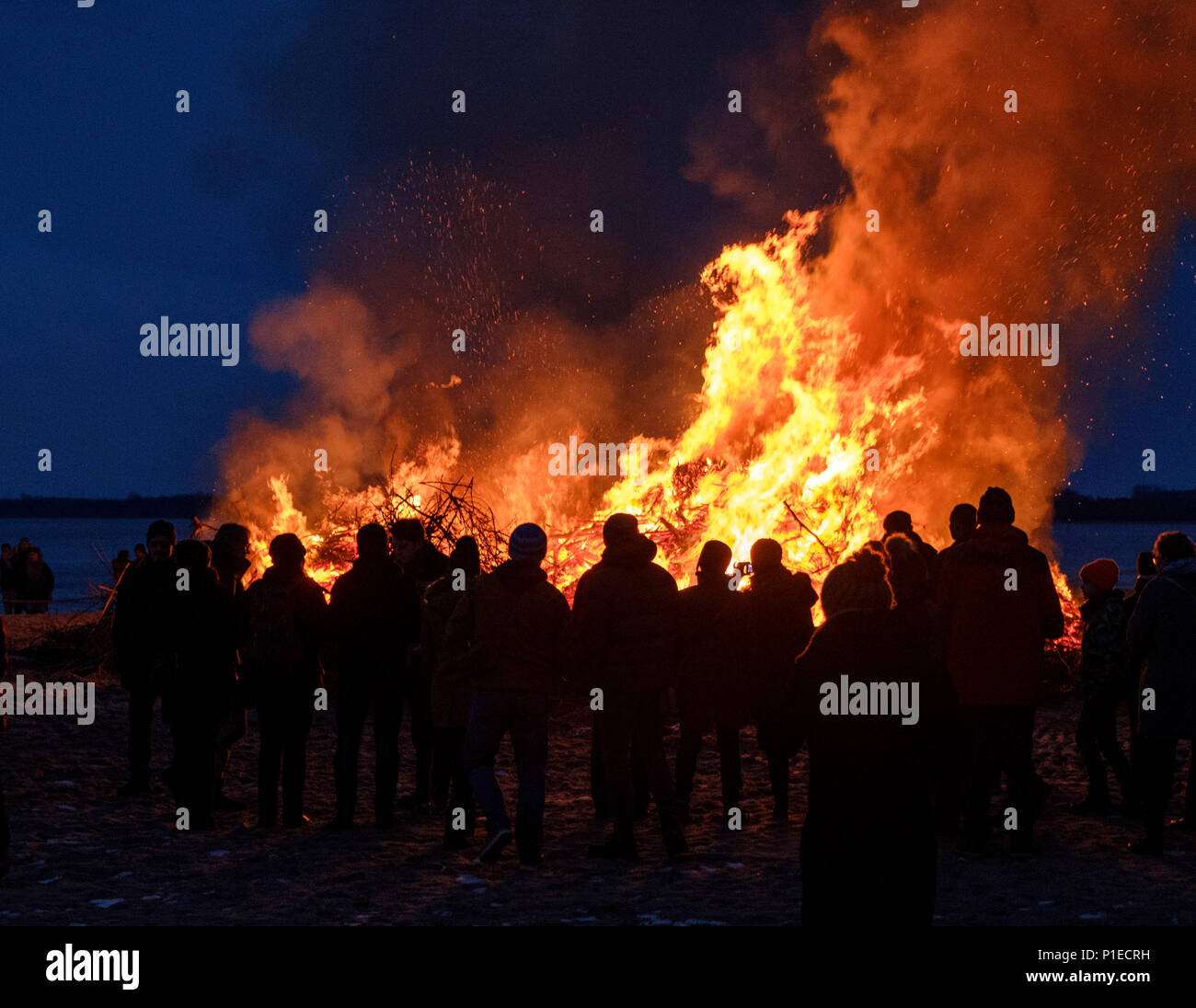 Easter fire on the beach of Travemuende, Lubeck, Schleswig-Holstein ...