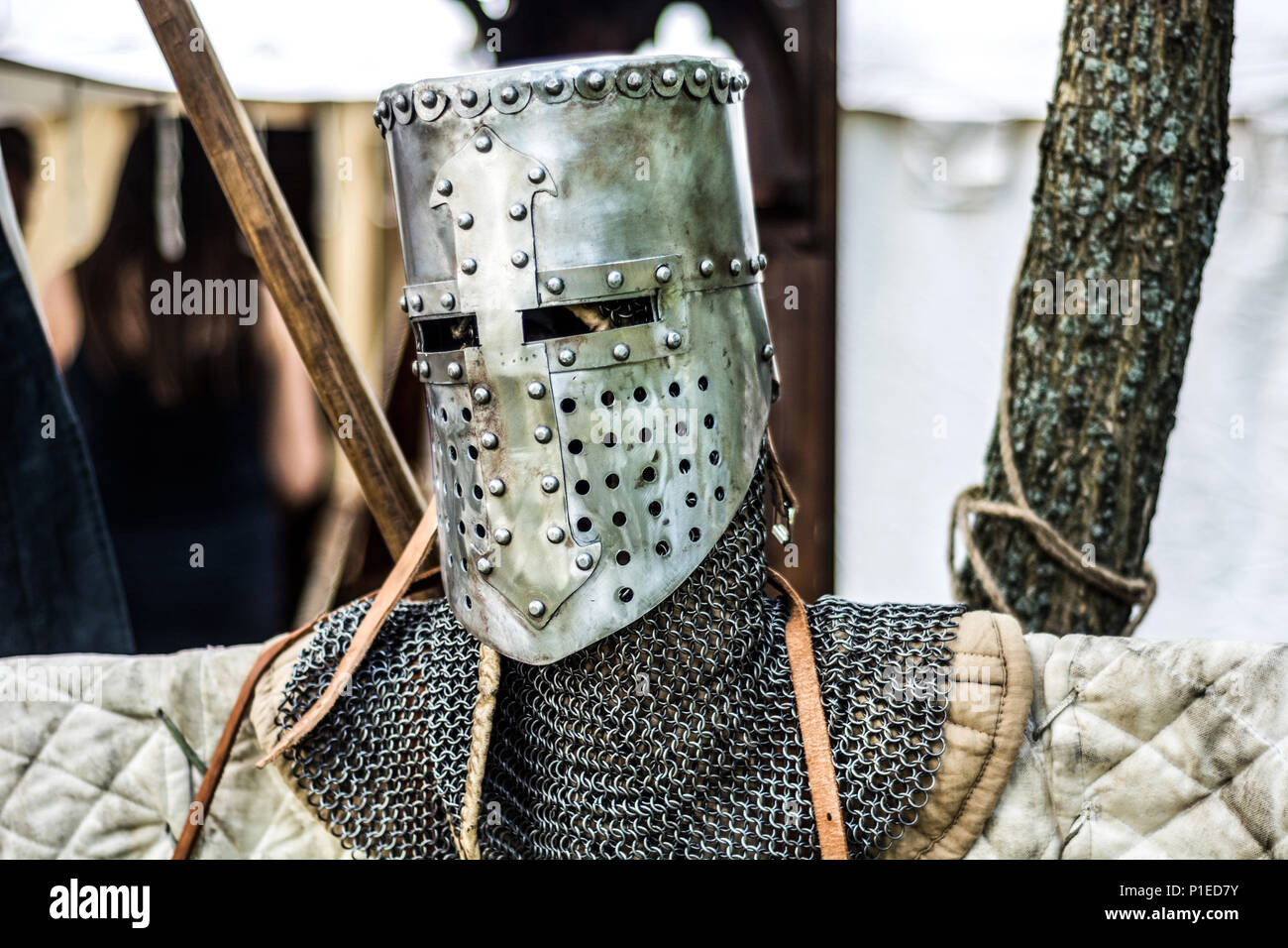 Medieval old knight helmet and chain mail for protection in battle ...