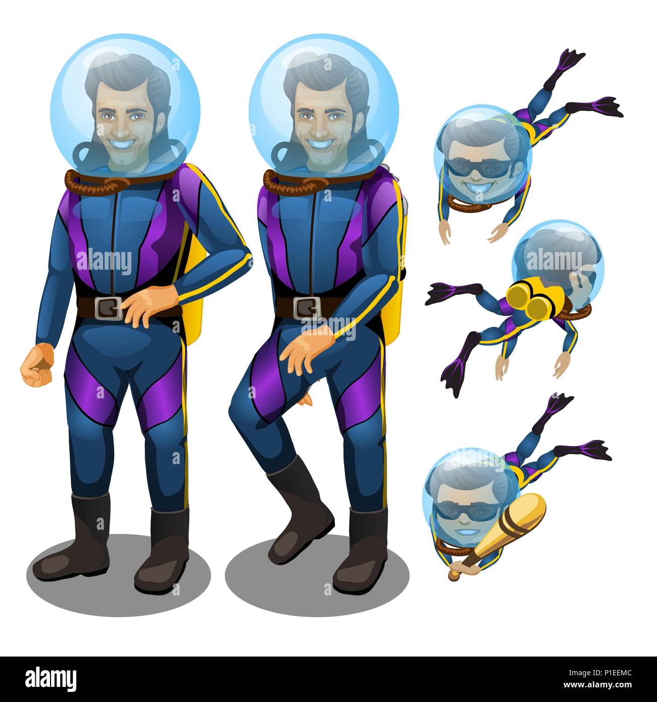 A set of young man scuba diver isolated on white background. Vector ...