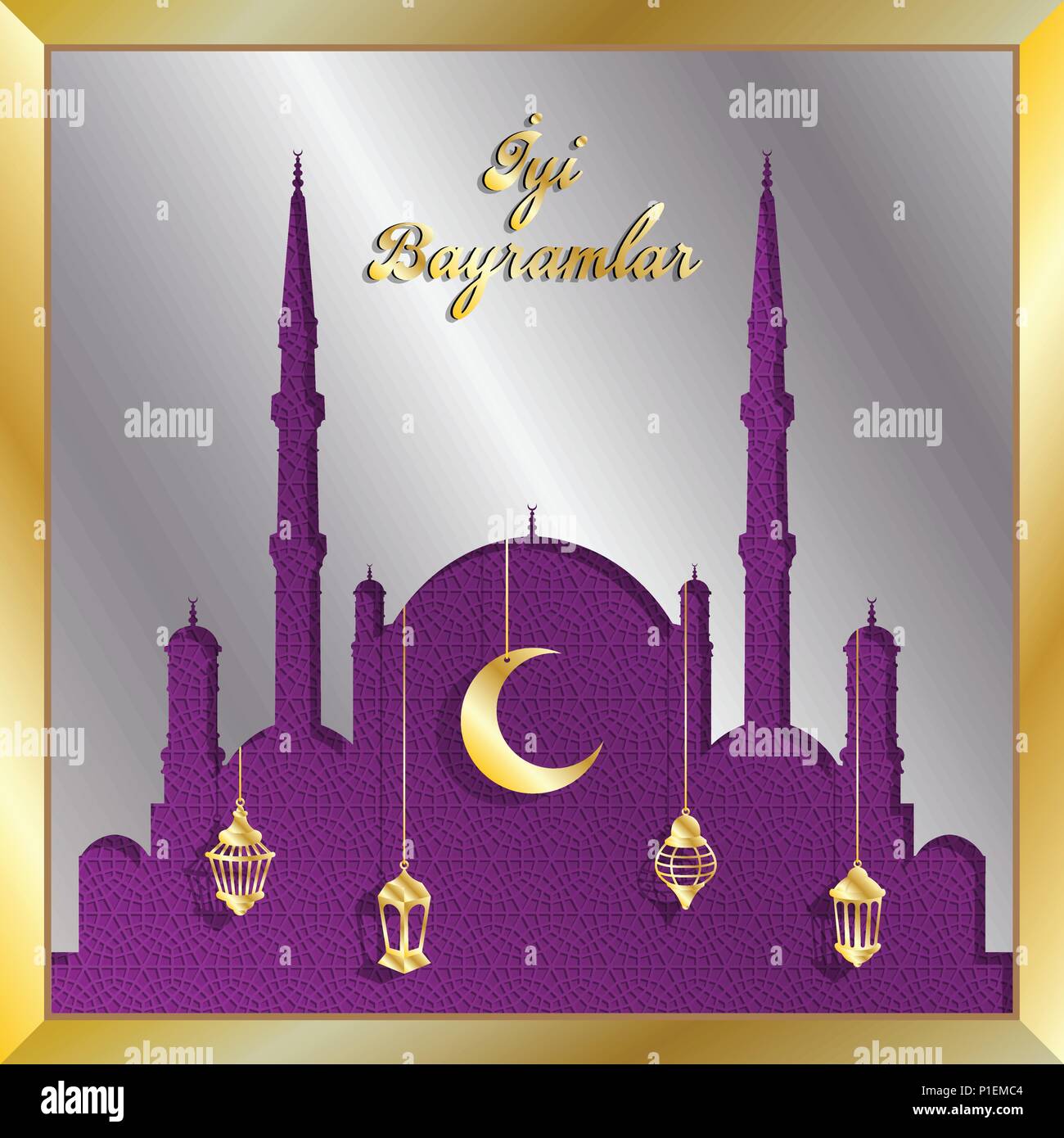 Turkish eid greeting card with silver mosque and gold lanterns. All the ...
