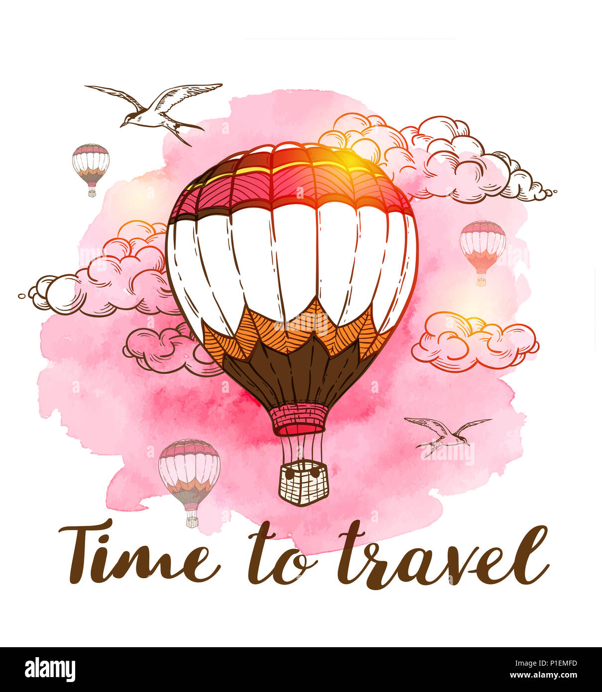 Travel background with air balloons, clouds and pink watercolor texture ...