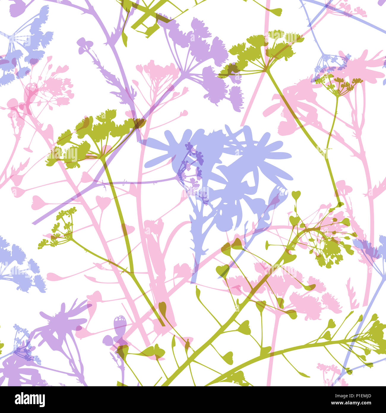 Abstract floral seamless pattern with wildflowers and leaves on a white ...
