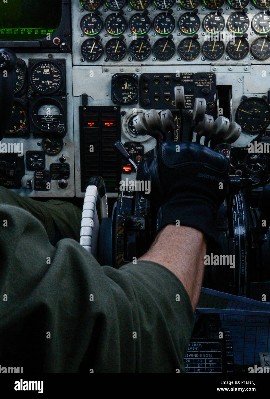 Capt. Lance Adsit, 20th Bomb Squadron aircraft commander, presses ...