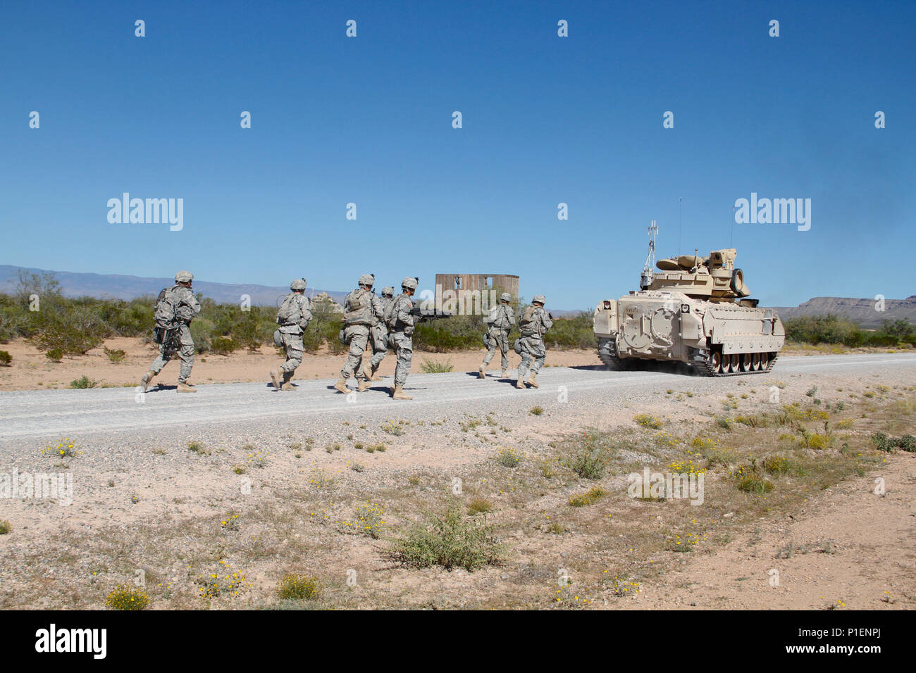 Dismounted infantry Soldiers move down a range lane during company live ...