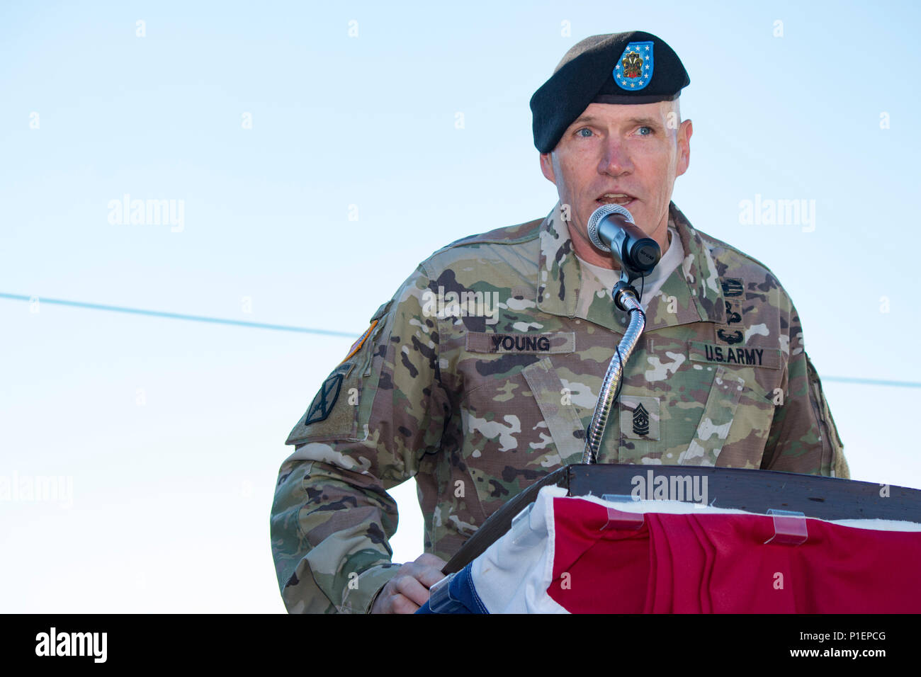 First Army’s Command Sgt. Maj. Sam K. Young addresses the audience at ...