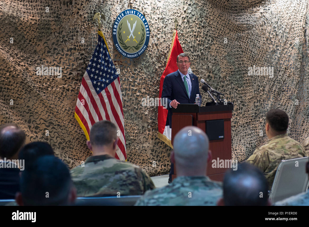 Secretary of Defense Ash Carter addresses troops at the Combined Joint ...