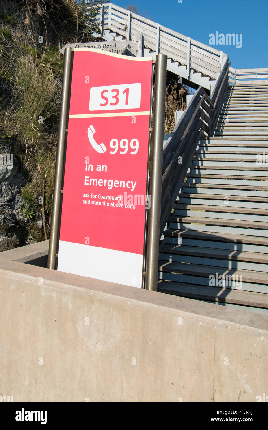 Lime Regis England call 999 in an Emergency steps step sign signs wall ...