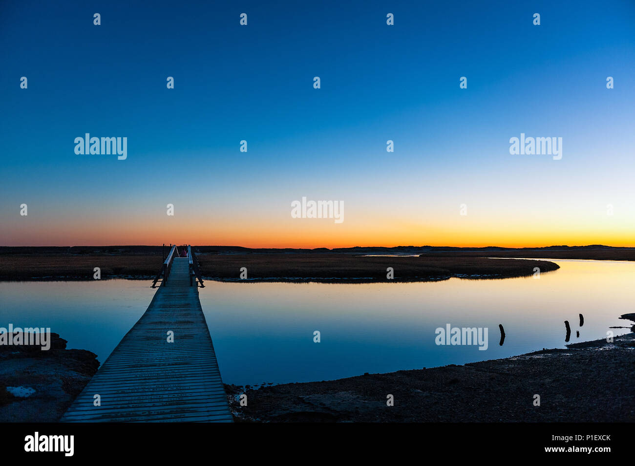 Boardwalk extending over the salt pond and marsh to the beach, Sandwich ...