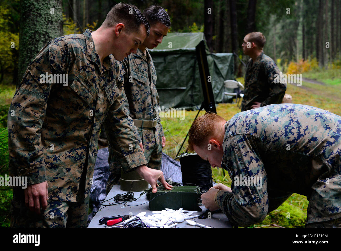 U.S. Marines construct a Field Expedient Antenna as part of the ...