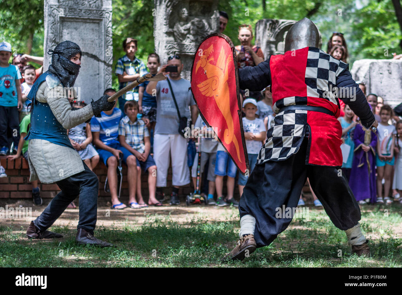 Nis, Serbia - June 10, 2018: Battle of two medieval knight in armor and ...