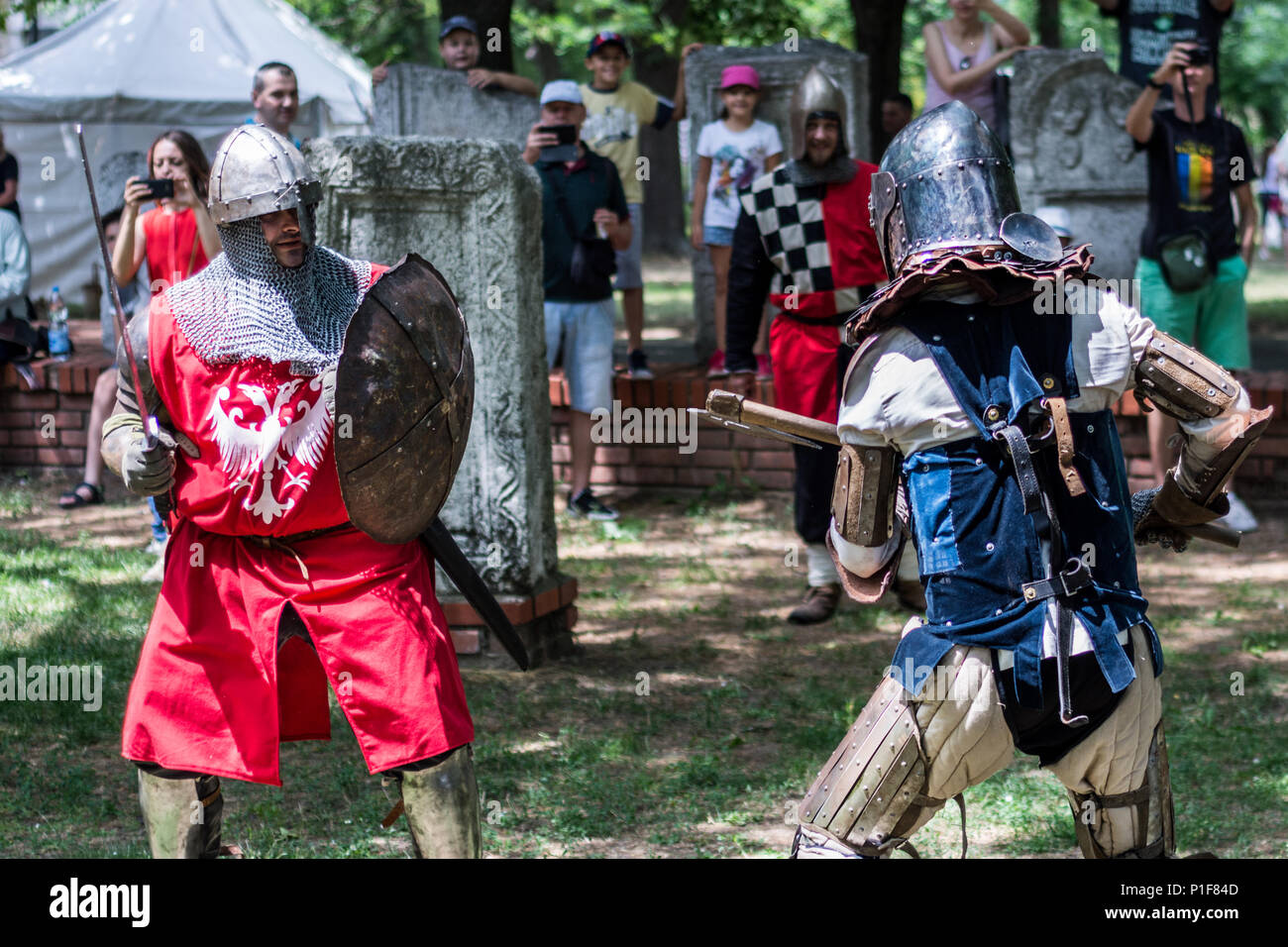 Nis, Serbia - June 10, 2018: Medieval two knight in full armor fighting ...