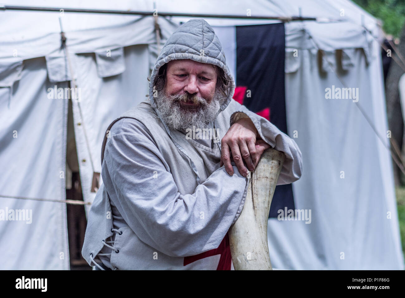 Nis, Serbia - June 10, 2018: Portrait of old Templar Knight with beard ...