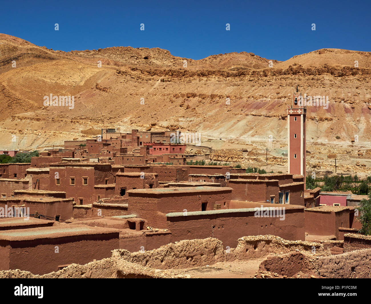 Traditional Berber village: clay houses and a weighty pink minaret ...