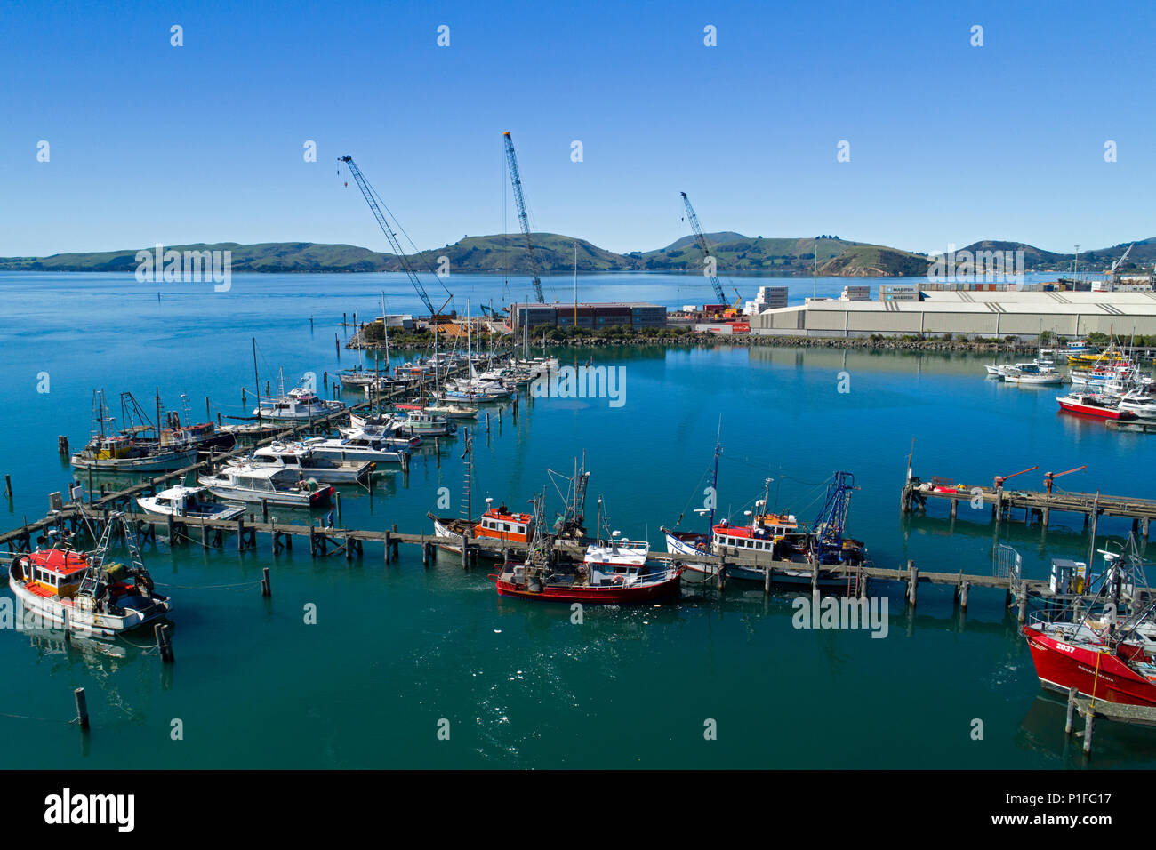 Fishing Boats at Carey's Bay Wharf and Port Chalmers container terminal ...