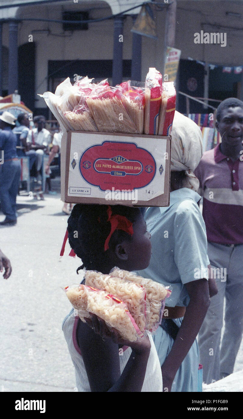 File C265948-1. Young girl holding a box over her head. Box contents ...