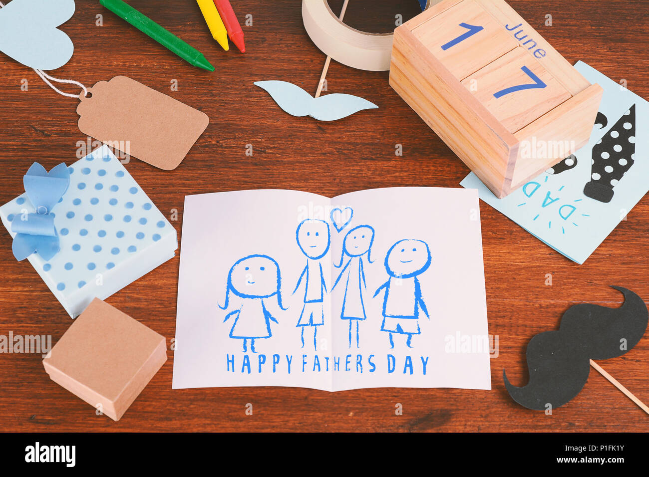 Fathers day composition with child's drawing on wooden background Stock ...