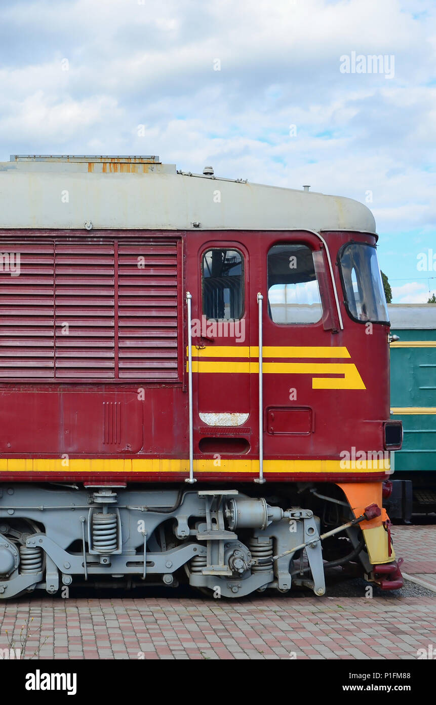 Cabin of modern Russian electric train. Side view of the head of ...