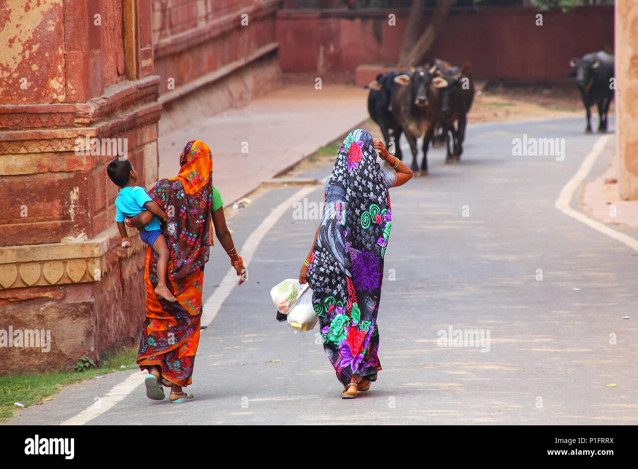 Local women walking along the wall of Taj Mahal complex in Agra, Uttar ...