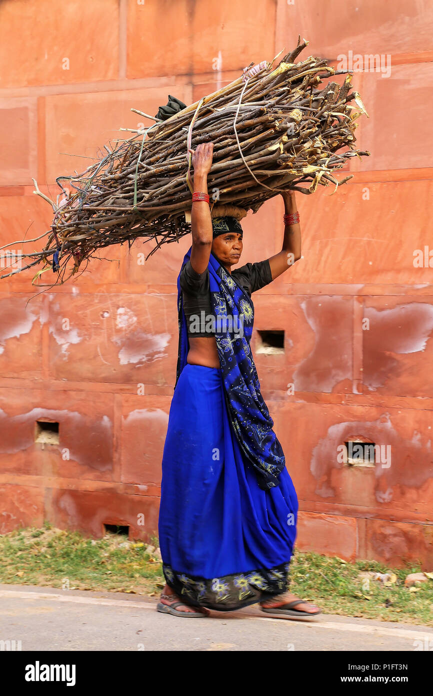 Local woman carrying bundle of firewood outside Taj Mahal complex in ...