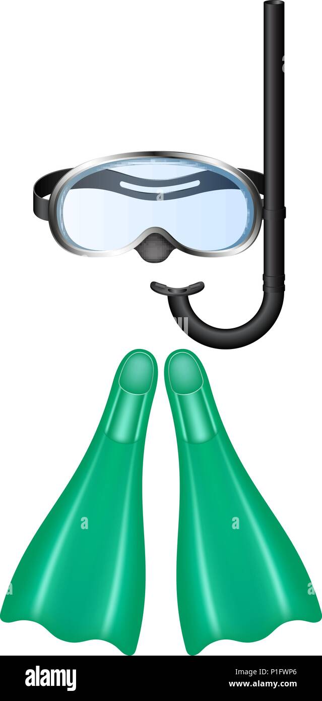 Retro diving goggles with cyan flippers on white background Stock ...