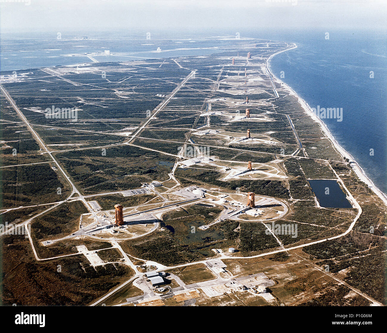 Overall aerial view of Missile Row, Cape Canaveral Air Force Station ...