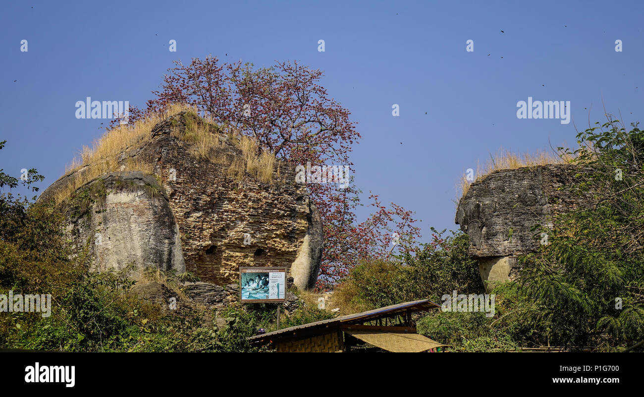 Mandalay, Myanmar - Feb 10, 2017. Ruined of elephant guardian statue in ...