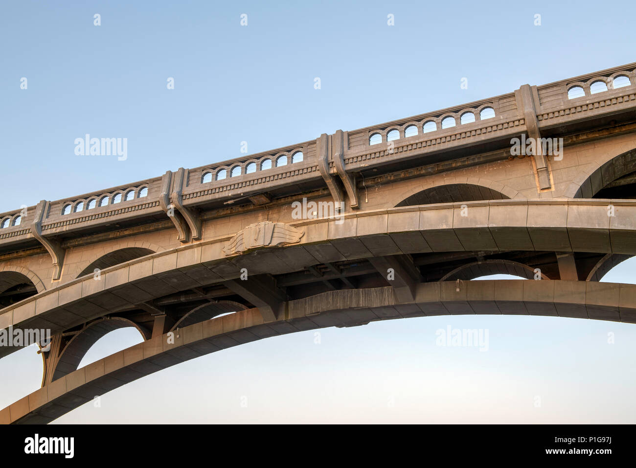 Main arch detail upward of the Rogue River bridge in Gold Beach, Oregon ...
