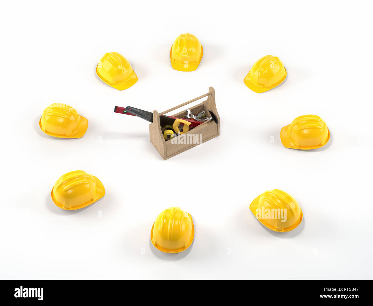 Wooden toolbox with tools surrounded by yellow hard hats on white ...