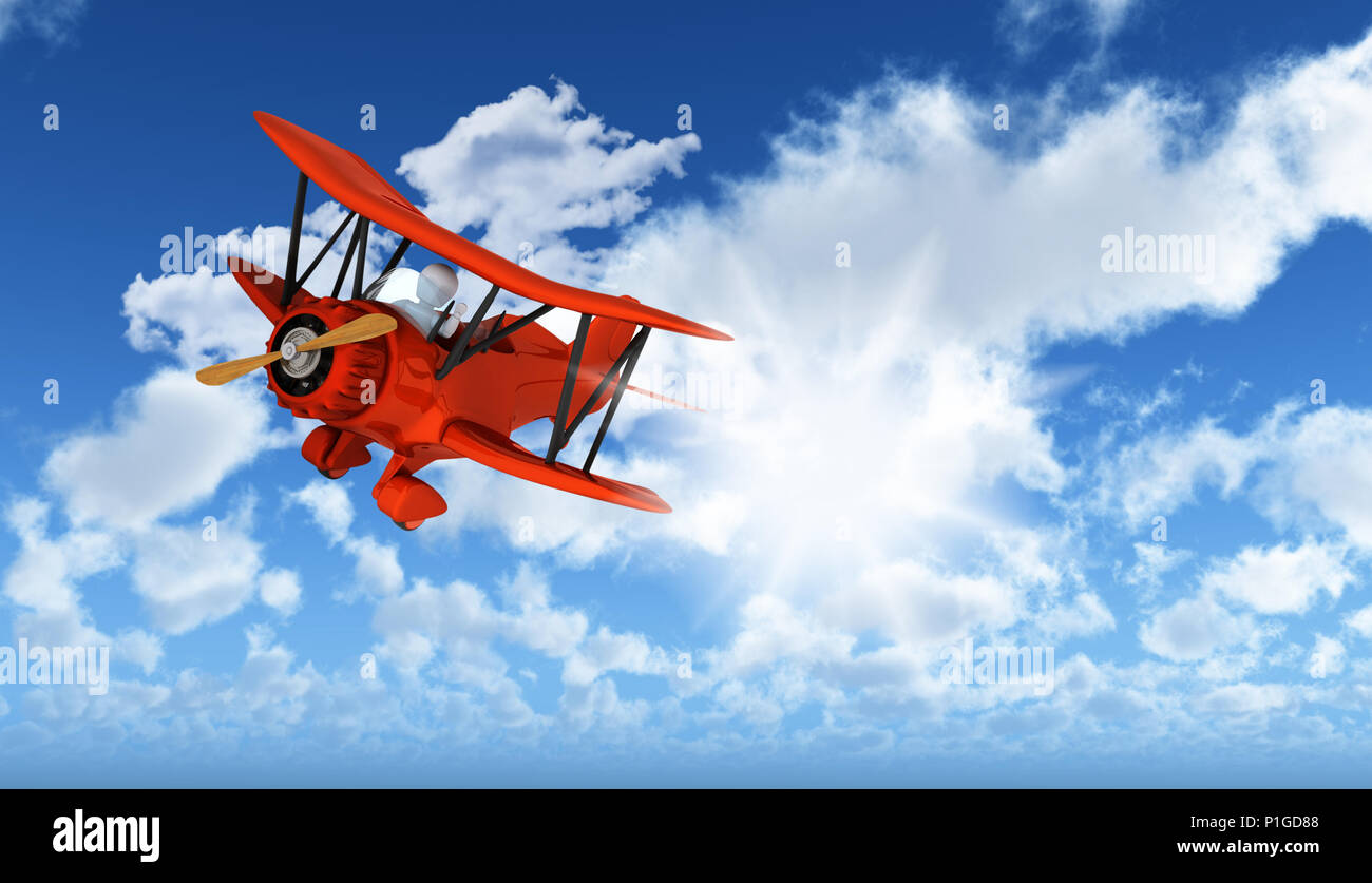 3D figure flying biplane in blue sky background with fluffy white ...