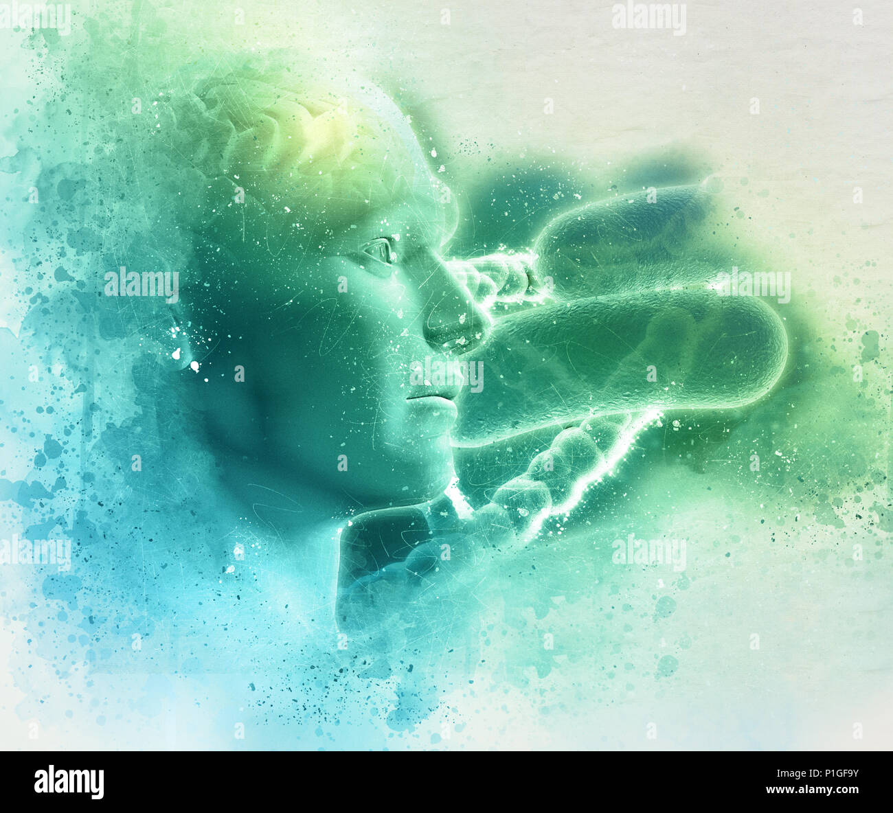 3D grunge DNA medical background with male figure with brain and virus ...