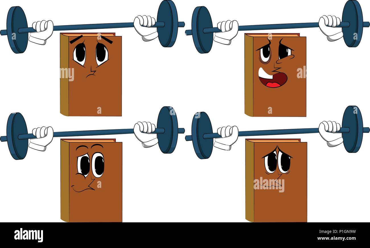 Books weightlifter lifting barbell. Cartoon book collection with sad ...