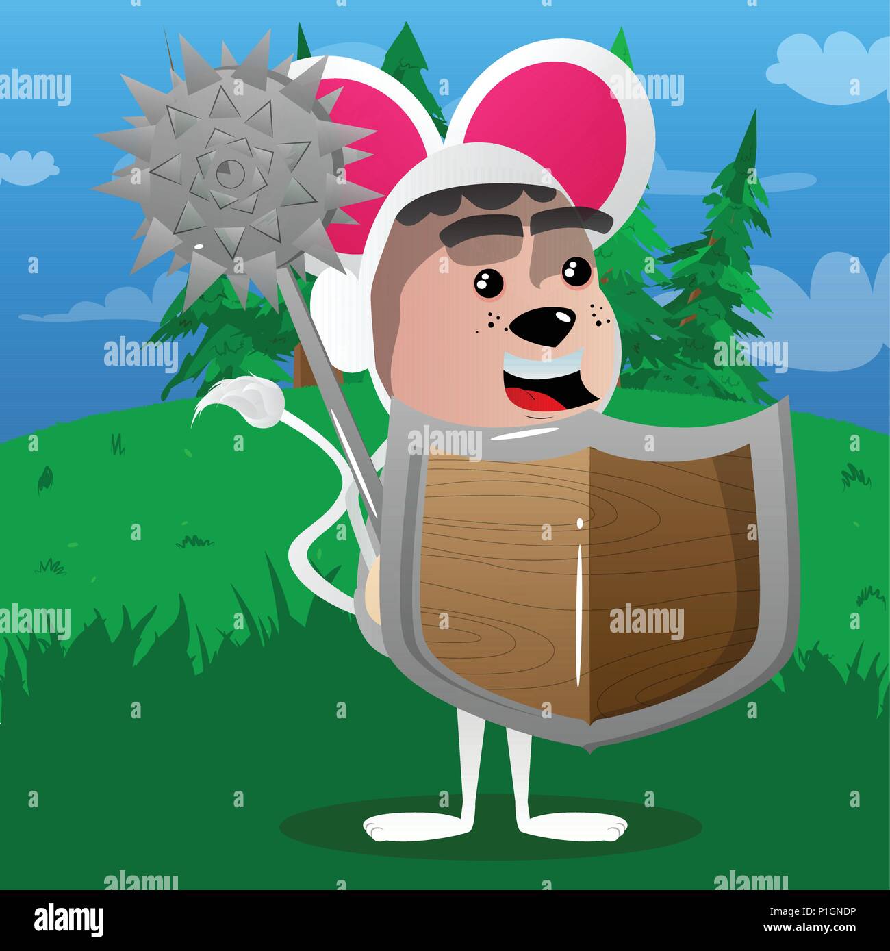 Boy dressed as mouse holding a spiked mace and shield. Vector cartoon ...