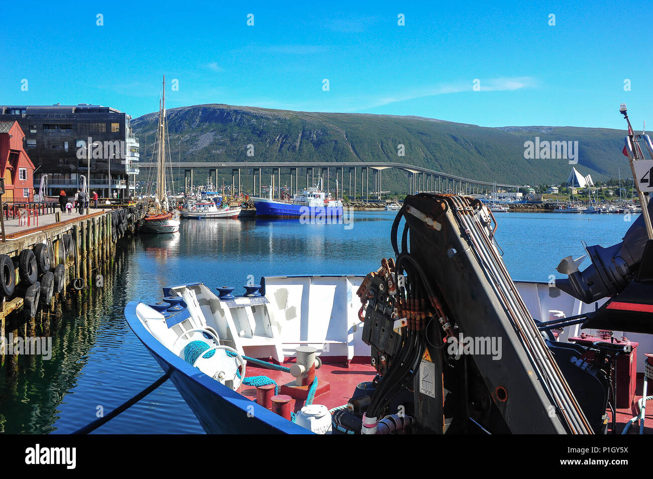 Tromso, Norway: Panorama of harbour with colourful fishing boats ...