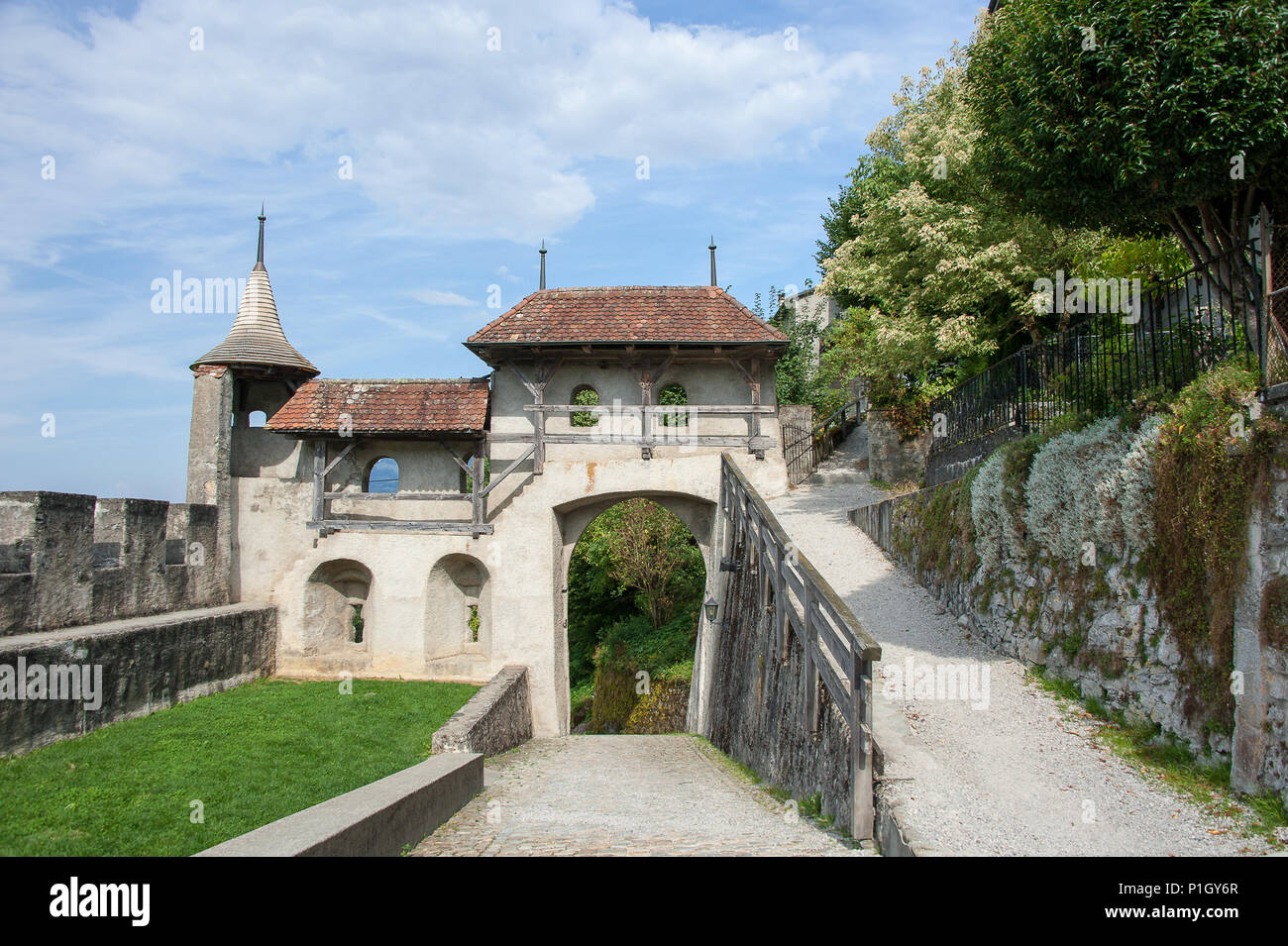 Gruyere old town in the Swiss canton of Fribourg. Medieval stone walls ...