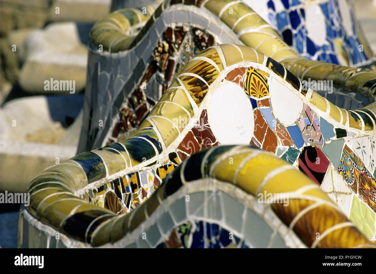 Parque Güell (by Antoni Gaudí); bench details made from ceramic ...