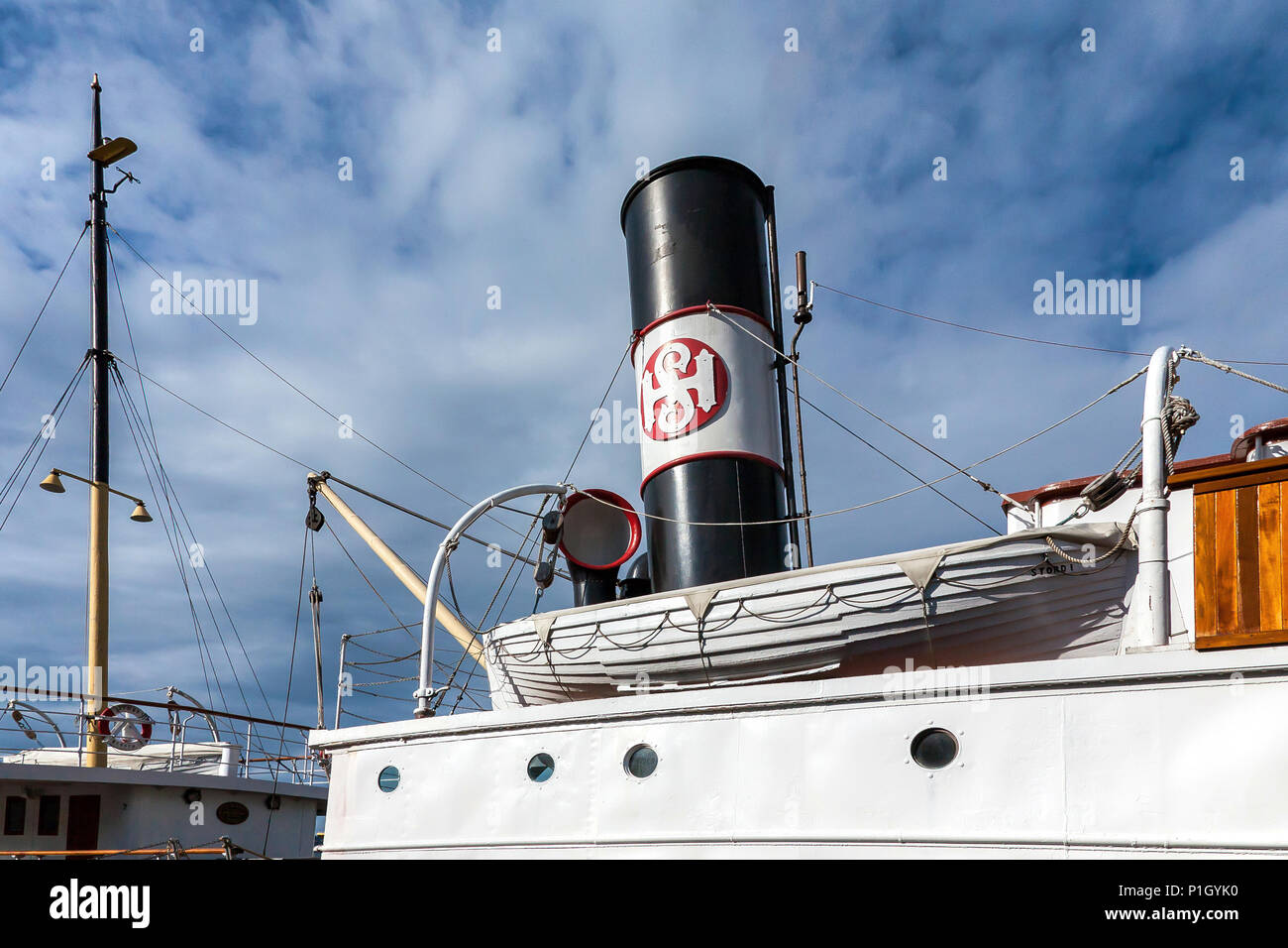 Funnel and life boat of veteran ship, old coastal steamer Stord I of ...