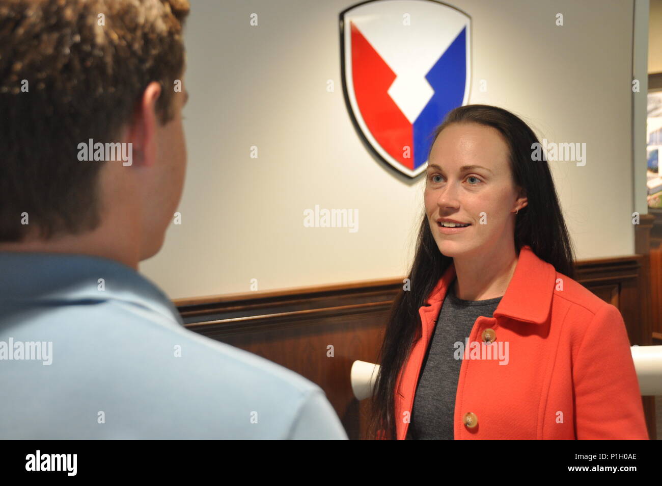 Dr. Dawn Dunkerley speaks to an Army Materiel Command member about the ...