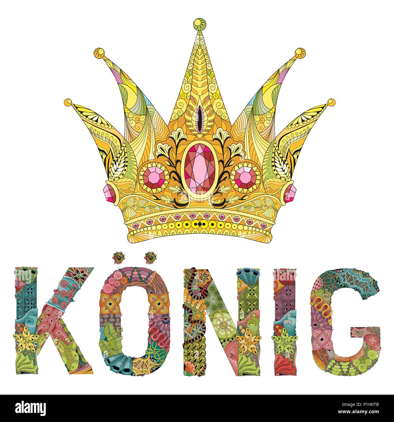 Zentangle stylized crown with word king in German. Hand Drawn lace ...