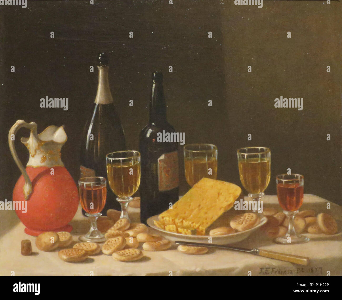 'Still Life with Bottles, Wine, and Cheese' by John F. Francis, 1857 ...