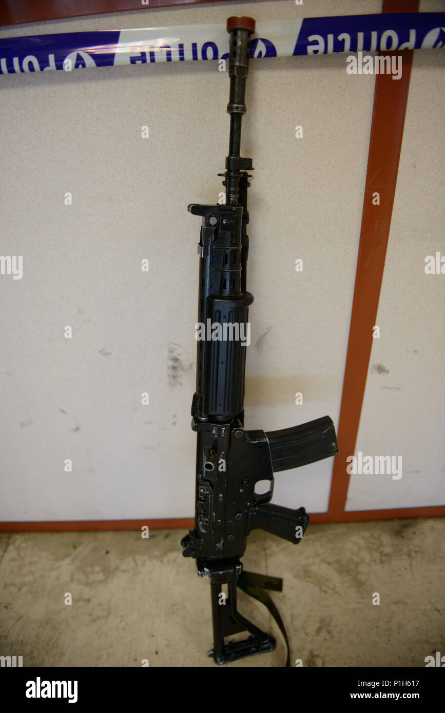 A Belgian Army FNC assault rifle stands against a wall during an Active ...