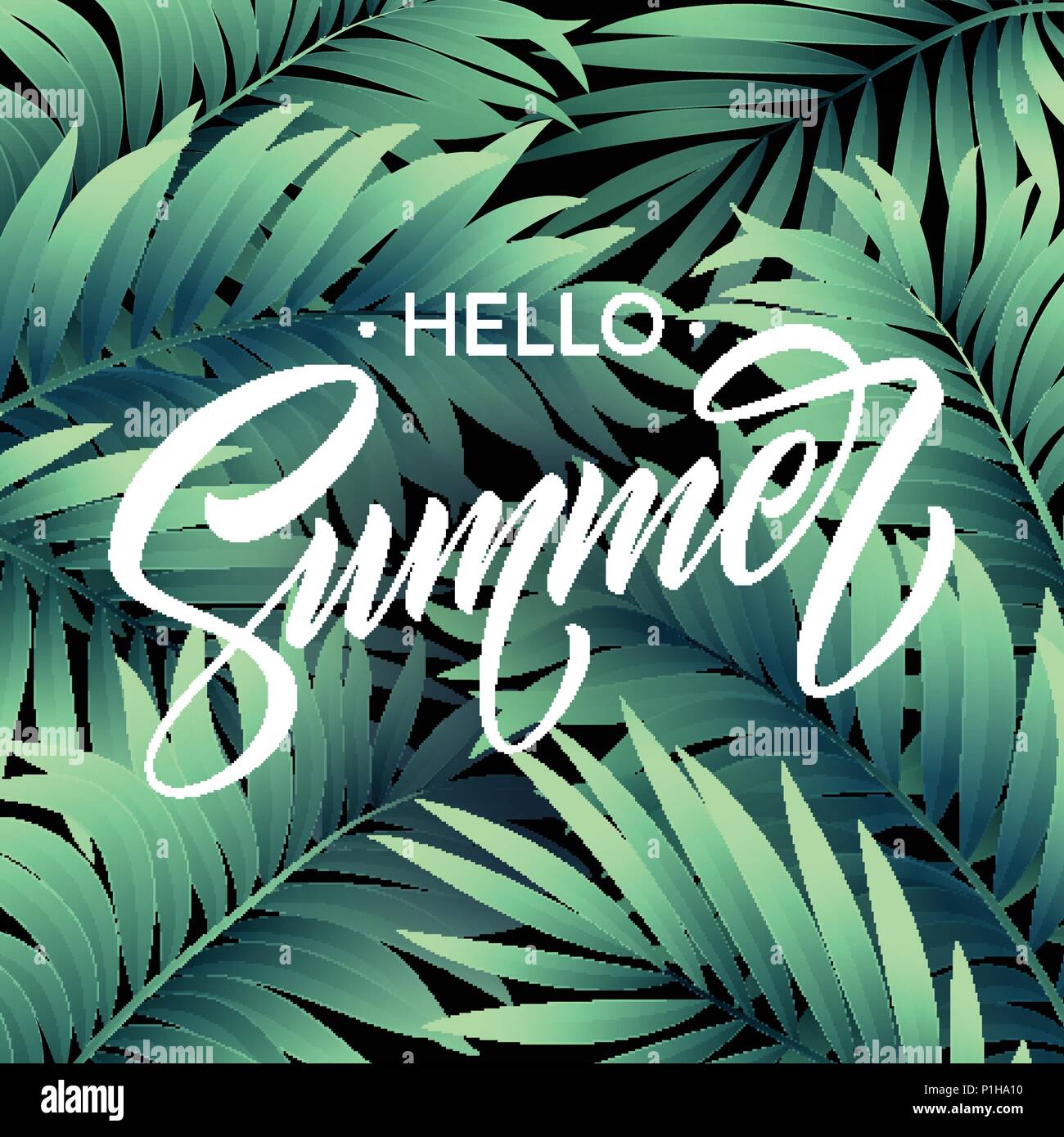 Summer poster with tropical palm leaf and handwriting lettering. Vector ...