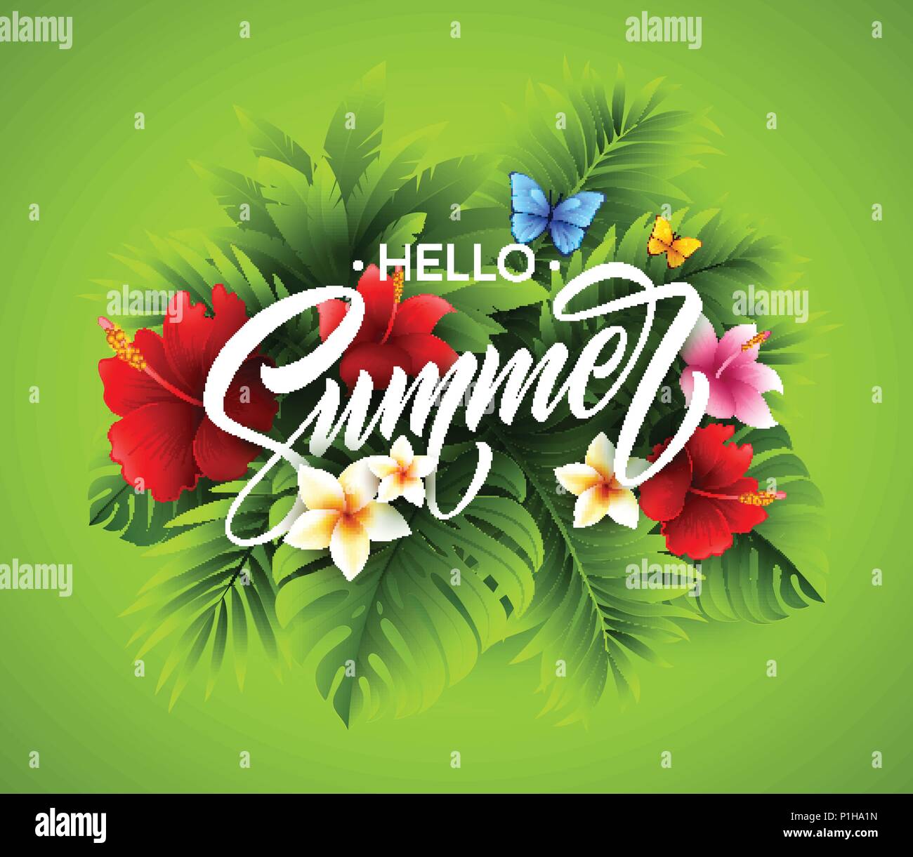 Summer poster with tropical palm leaf and handwriting lettering. Vector ...