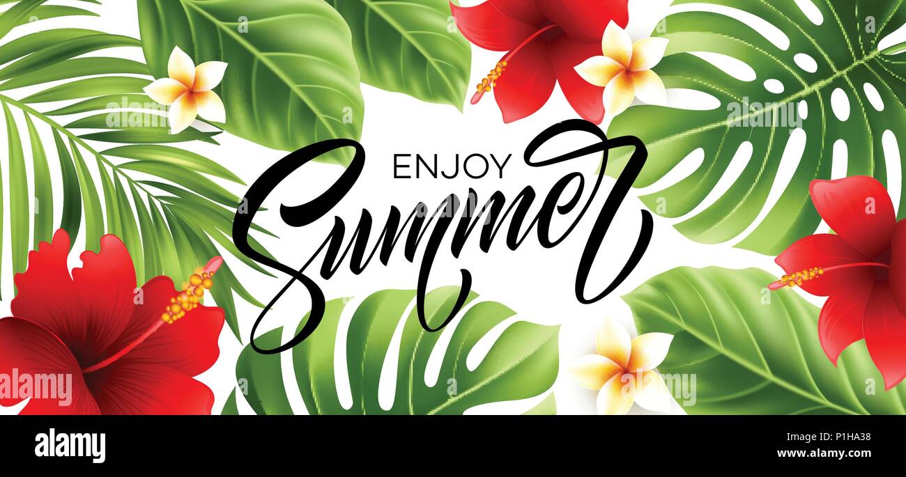 Summer poster with tropical palm leaf and handwriting lettering. Vector ...