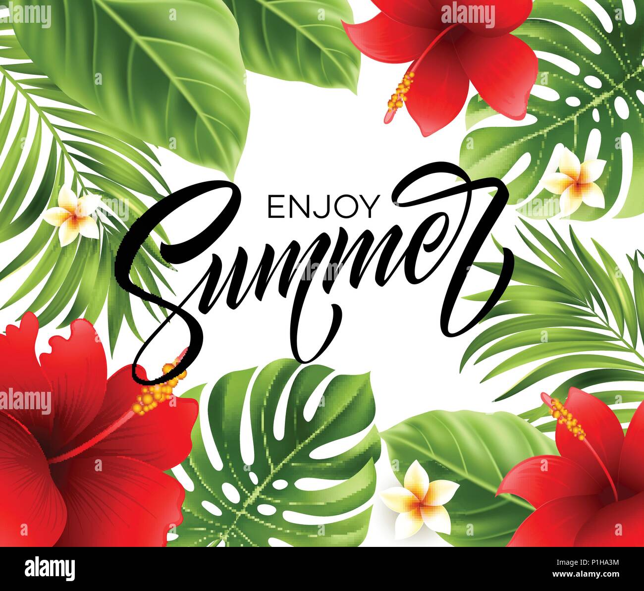 Summer poster with tropical palm leaf and handwriting lettering. Vector ...