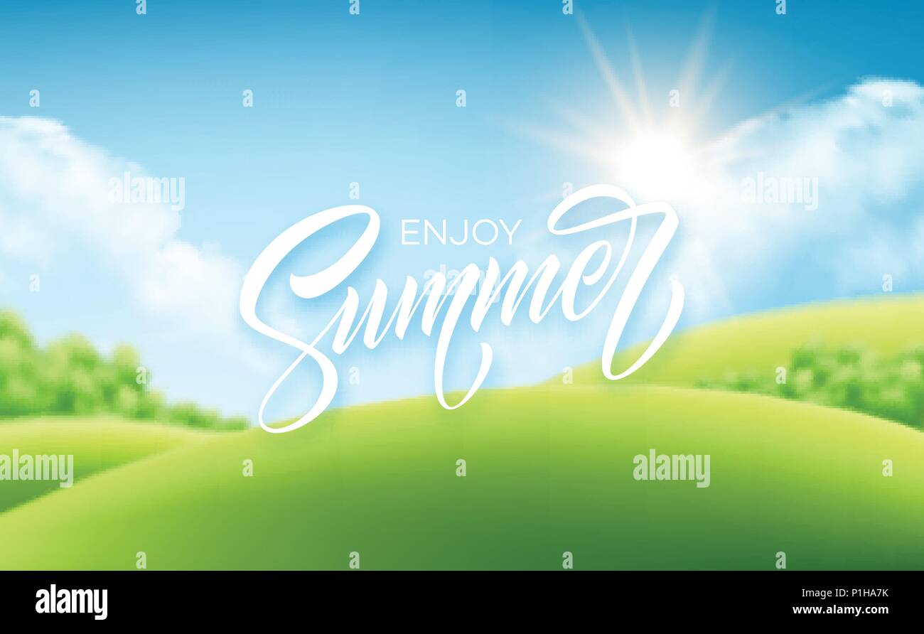 Summer lettering on the landscape background. Vector illustration Stock ...