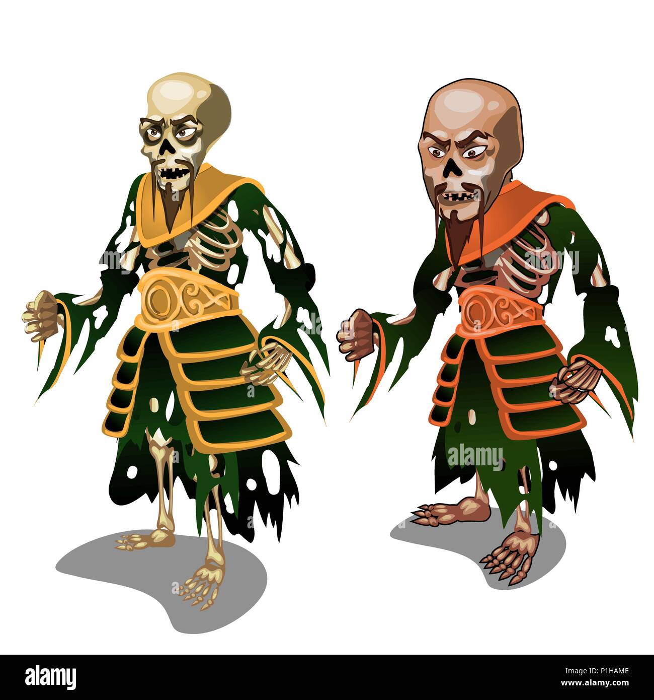 Set of zombie samurai isolated on white background. Vector cartoon ...
